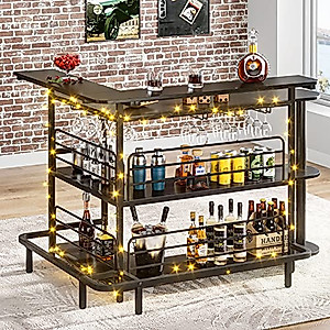 Tribesigns Home Bar Unit, 4 Tier L Shaped Liquor Bar Table with Storage, Elevated Countertop, Wine Glasses Holder, and Footrest, Corner Wine Bar Table for Party Home Kitchen Pub Living Room, Black