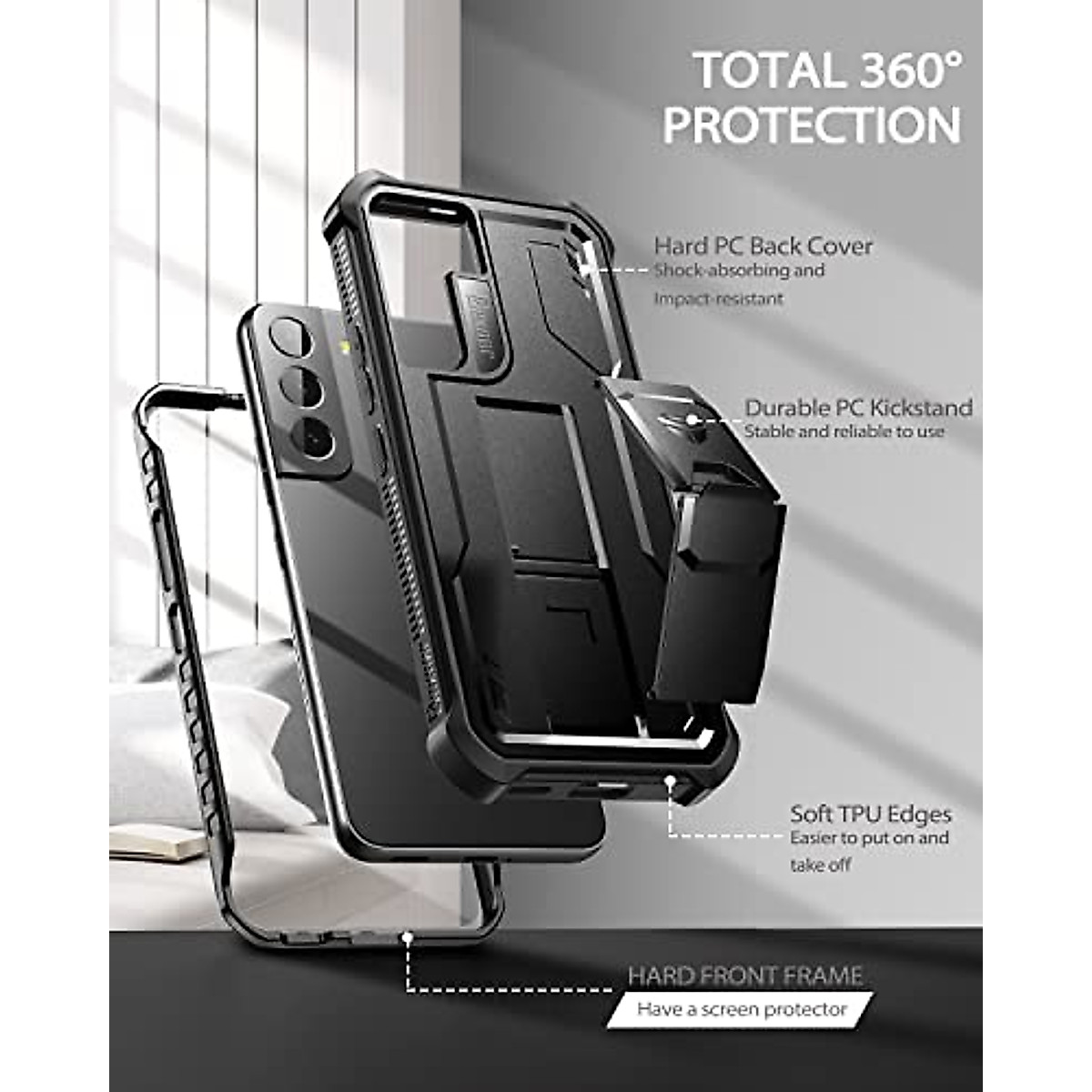 Dexnor for Samsung Galaxy S22 Plus Case, [Built in Screen Protector and Kickstand] Heavy Duty Military Grade Protection Shockproof Protective Cover for Samsung Galaxy S22 Plus 5G,Black