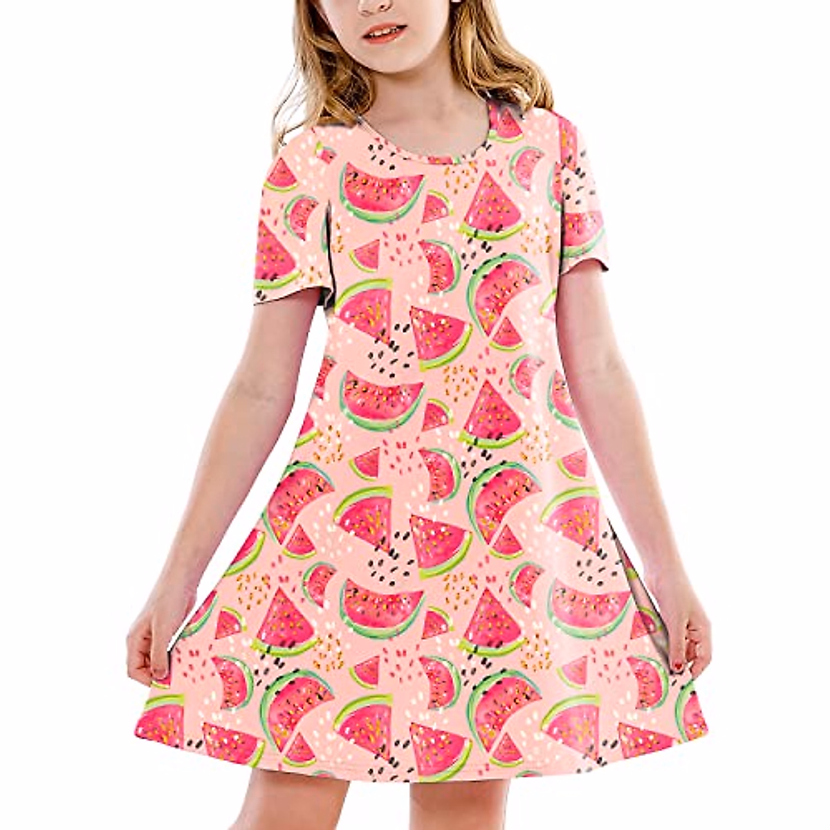 Summer Watermelon Dress Girl Short Sleeve Tshirt Dresses Tropical Pink Midi Flare Dress 11-12 Years