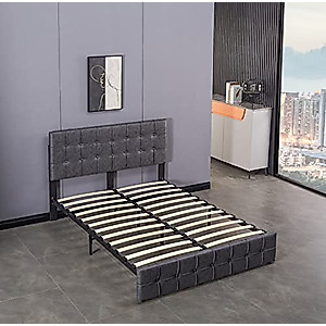 Full/King/Queen Size,Upholstered Platform Bed Frame with Adjustable Headboard,Square Stitched Button Mattress Foundation w/Wood Slats,No Box Spring Needed (Dark Grey, Queen (U.S. Standard))