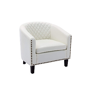 Accent Barrel Chair with Nail Head, Stylish Reading Armchair, Rivet Chair for Waiting Room, Leather Side Chair with Wood Legs,Modern Club Padded Chair for Living Room, Bedroom, Home & Office (White)