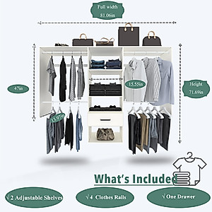 SOLRIG Wall Mounted Closet System, with Hanging Rod and All Hardware Kits, Large Garment Rack Shelves and One Drawer, Need to be Assembled, MDF with White Color for Bedroom and Closet