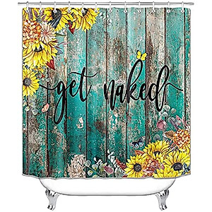4Pcs Get Naked Sunflower Shower Curtain Sets Floral Green Bathroom Set Decor with Non-Slip Rugs Bath U-shaped Mat Toilet Lid Cover Country Flower Bathroom Curtains Shower Set with 12 Hooks, 70.8×70.8