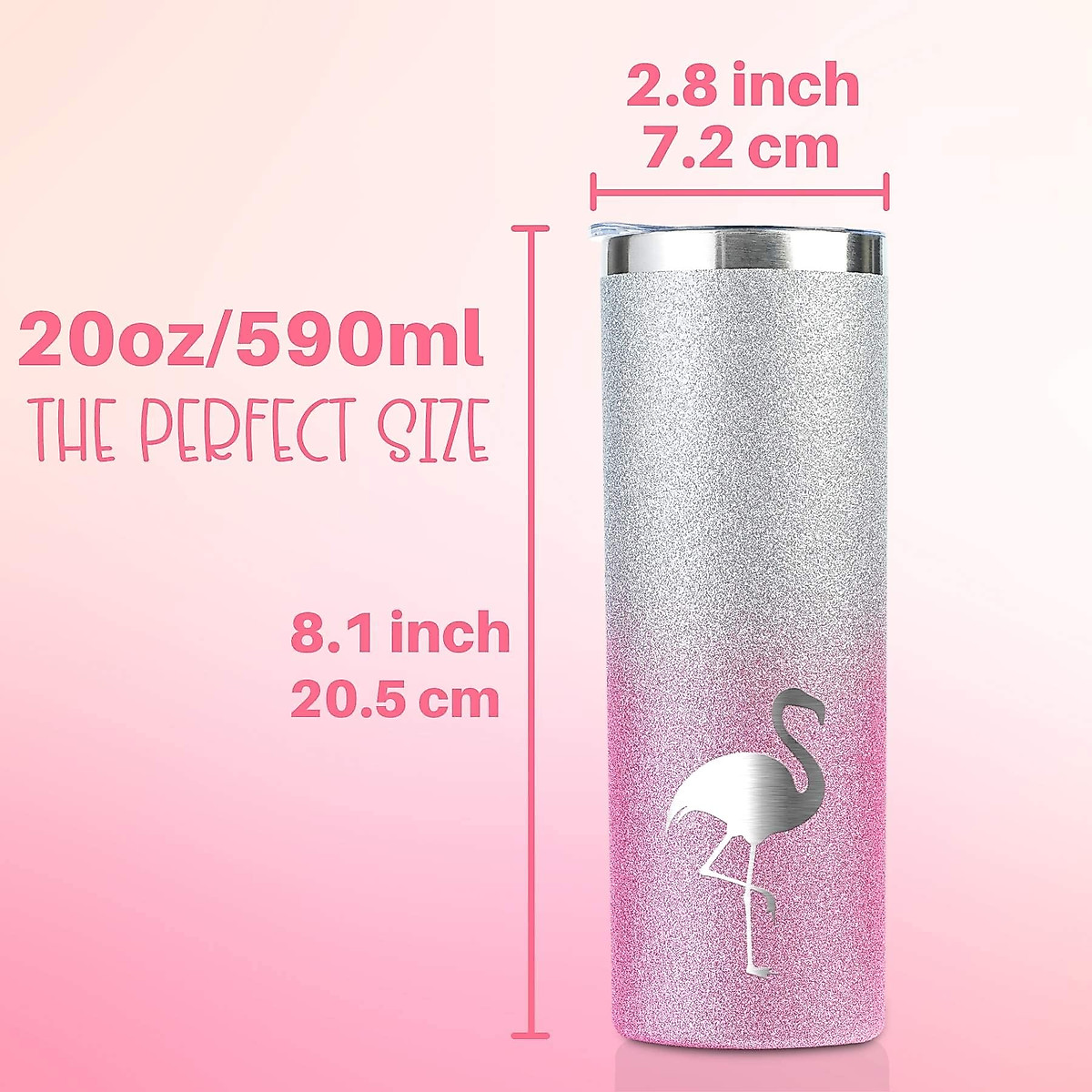 Onebttl Flamingo Skinny Glitter Tumbler Gifts For Women, Female, Her and Flamingo lovers - 20oz/590ml Stainless Steel Insulated Tumbler with Straw, Lid, Message Card - (Pink Sliver Gradient)