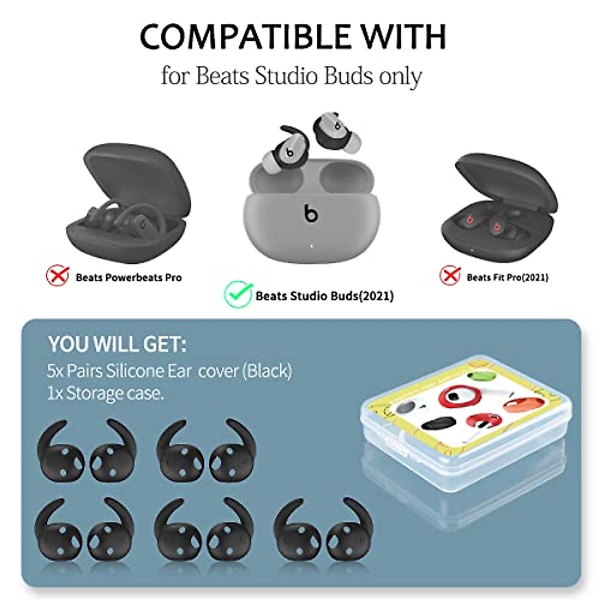 [5 Pairs] Ear Hooks for Beats Studio Buds, Silicone Anti Slip Beats Studio Buds Ear Hook Accessories Replacement Ear Covers Compatiable with Beats Studio Bud 2021 [NOT Fit in Case] - Black