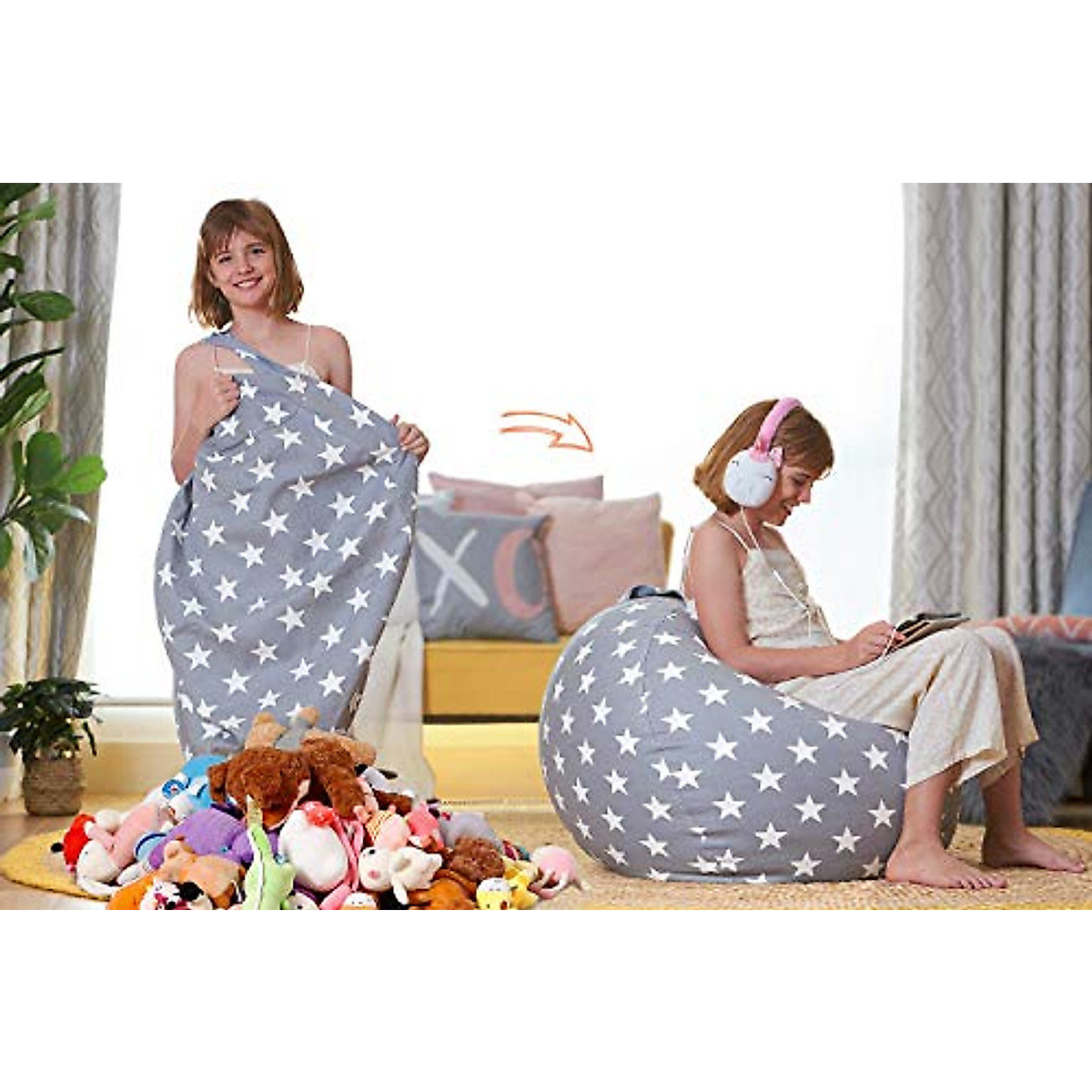 Aubliss Stuffed Animal Bean Bag Storage Chair, Beanbag Covers Only for Organizing Plush Toys, Turns into Bean Bag Seat for Kids When Filled, Large 38"-Canvas Stars Grey
