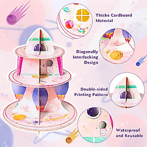 ANGOLIO 3 Tier Watercolour Outer Space Cupcake Stand Outer Space Party Supplies Cake Stand for Kids Birthday Party Decorations Space Theme Dessert Tower Party Baby Shower Birthday Party Supplies