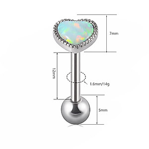 CHUANCI 1PC Anti-Allergy Surgical Steel Opal Tongue Rings For Women Heart Shape Opal Tongue Barbell Piercing Jewelry 14g (14G-14mm Bar Length-7mm Opal Size, White Opal)