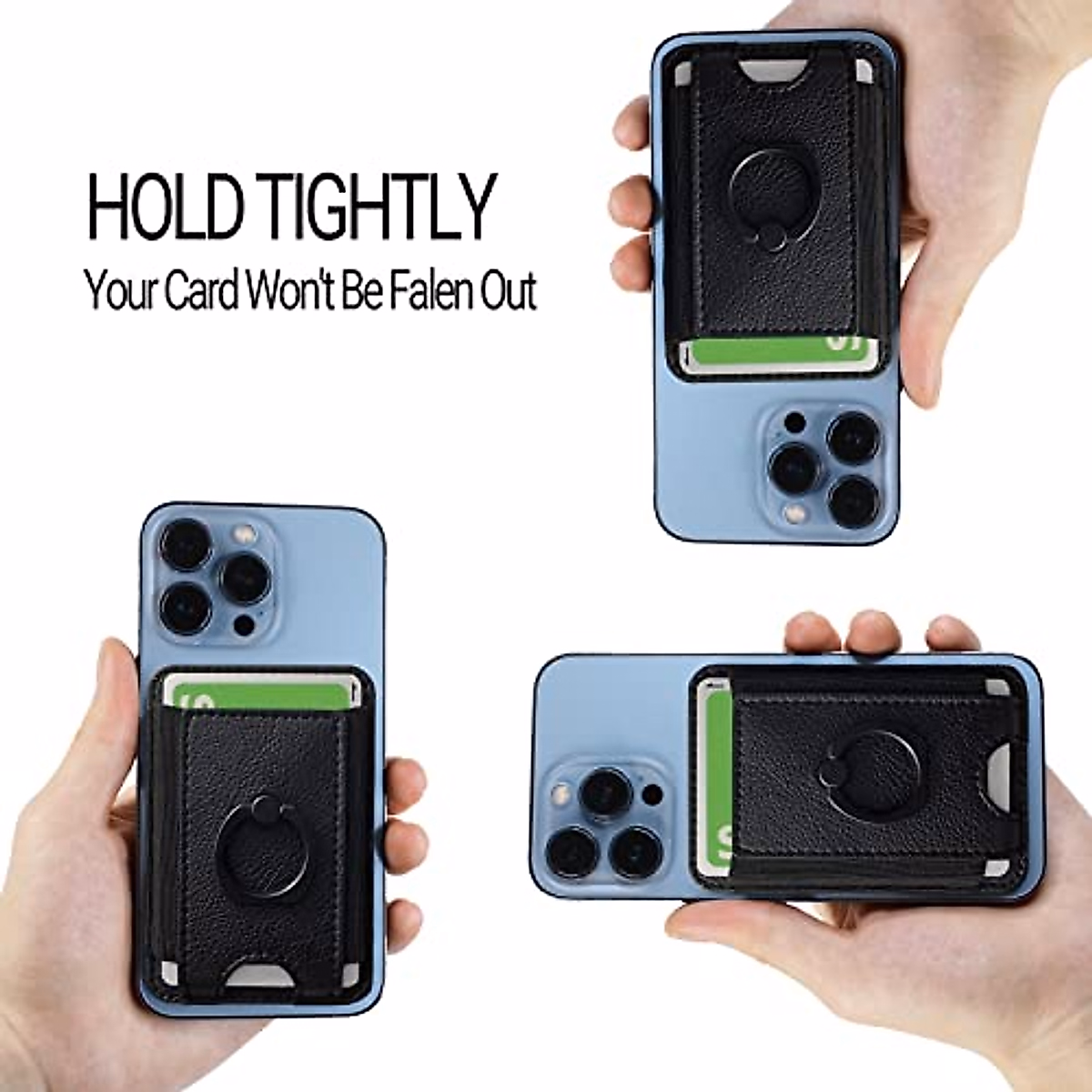 WUOJI Magnetic Card Wallet Holder for Magnetic, Secure Magnetic Card Holder with Phone Grip & Kickstand for Magnetic Leather Wallet for Back of iPhone 14/13 and 12 Series (PU Black)