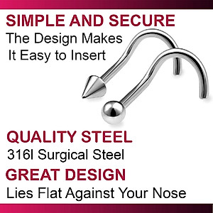 bodyjewellery 4pcs 20g 0.8mm Nose Screw Rings Nostril Stud Surgical Stainless Steel 2mm Cone Spike 2mm Ball