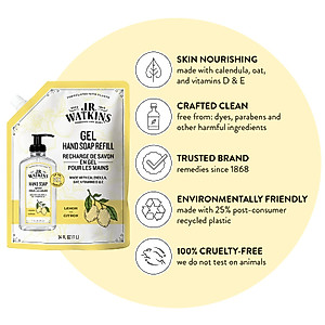 J.R. Watkins Gel Hand Soap Refill, Moisturizing Hand Wash, All Natural, Alcohol-Free, Cruelty-Free, USA Made, Lemon, 34 Fl Oz, 3 Pack