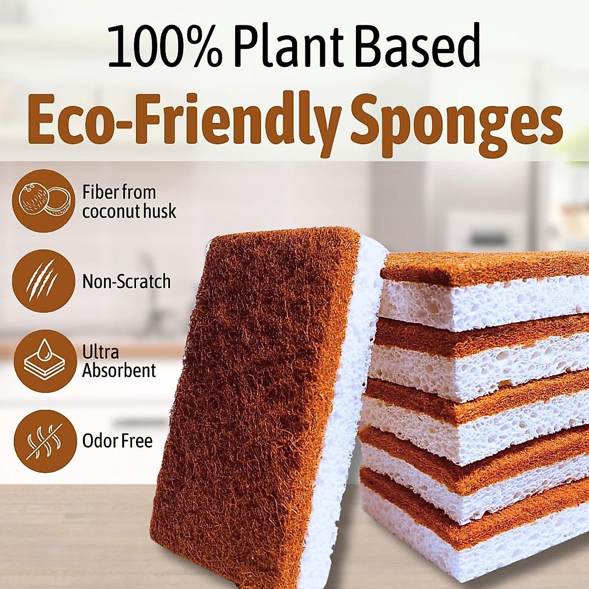 BPA Free Premium 6-Pack Biodegradable Natural Kitchen Dish Sponge Vegan Plant-Based All-Natural Non-Scratch Coconut Fiber & Wood Cellulose sponges Eco-Friendly Organic EcoGrove