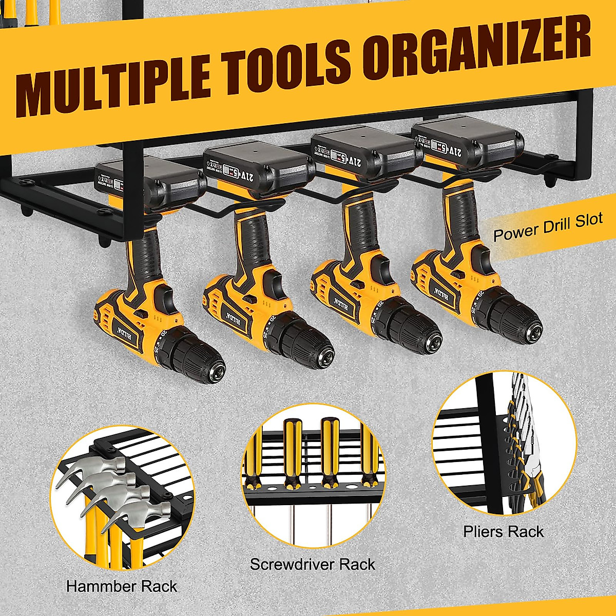 QYQRQF Power Tool Organizer Wall Mount, Heavy Duty 3 Layers Tool Storage Rack with 4 Drill Holders Tool Shelf for Work Shop, Garage, 150Lbs Load Capacity