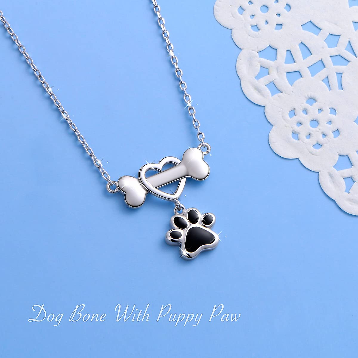 DAOCHONG 925 Sterling Silver Forever Love Heart Dog Bone with Puppy Paw Pendant Necklace for Women Dog Lover Jewelry Graduation Gifts