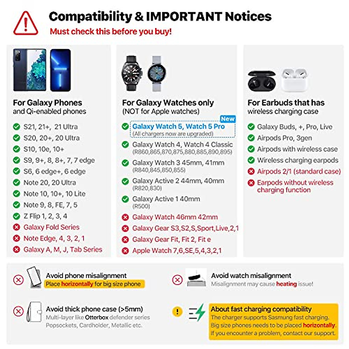 Intoval Wireless Charger,Wireless Charging Station for Samsung Galaxy Phone/Watch/Buds,Fit for Note 20/Note 10/S21/S20,Galaxy Watch 4/3,Active 2/1,Galaxy Buds/Pro/+/Live(S3,Black)