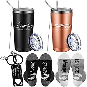 Mifoci 6 Pcs Gifts for New Parents Est 2025 20oz Stainless Steel Insulated Tumbler with Lid Anniversary New Parents Pregnancy New Parents's Gift Daddy Keychain Socks for Mother's Day Father's Day