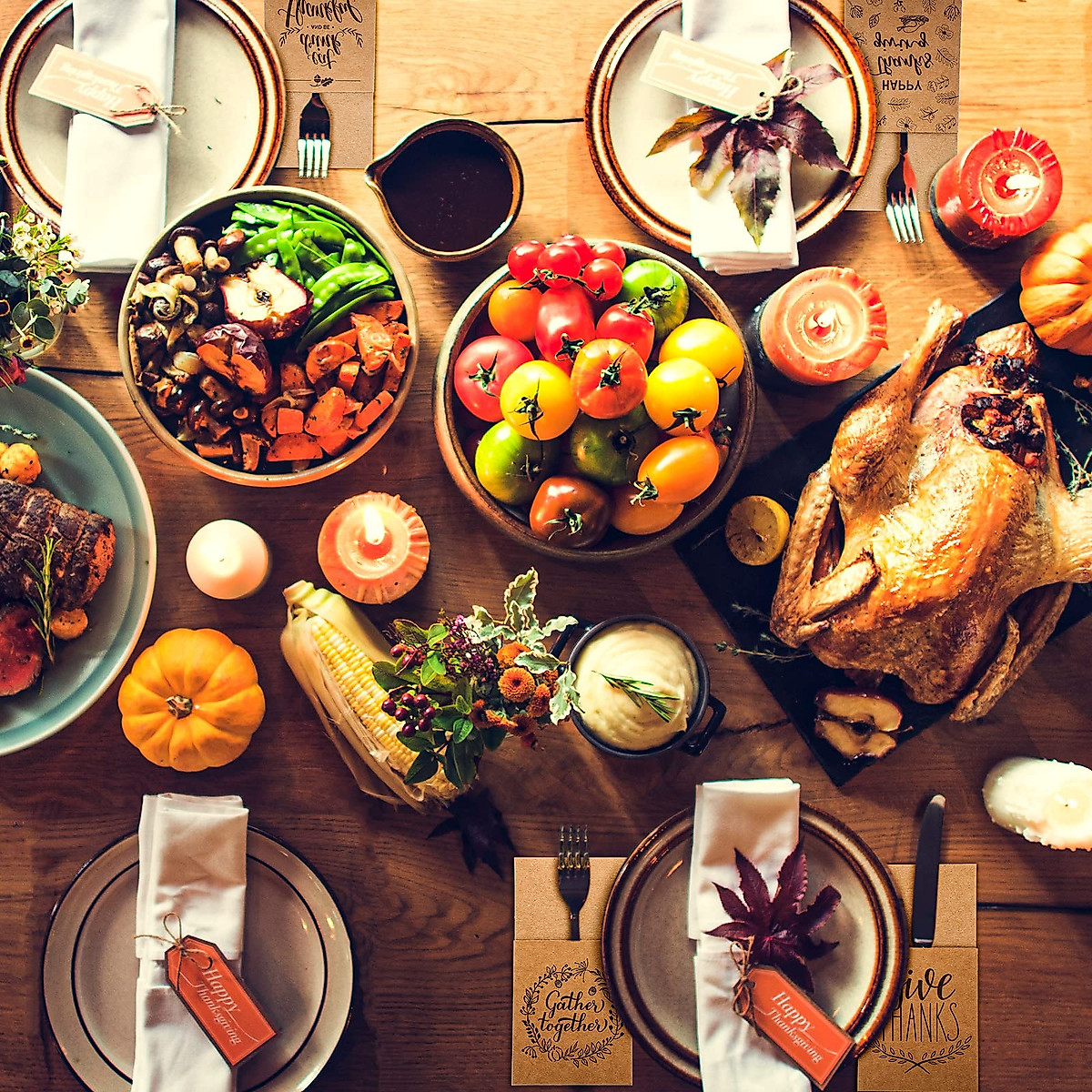 60 Pcs Thanksgiving Cutlery Holder Set Thanksgiving Turkey Utensil Holder Party Utensil Holder Pockets for Autumn Fall Harvest Party Favor Supply Table Decor