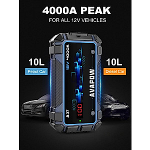AVAPOW Jump Starter Car Battery 4000A Peak,Portable Jump Starters for Up to 10L Gas 10L Diesel Engine,12V Lithium Jump Pack with Smart Safety Clamp, IP65