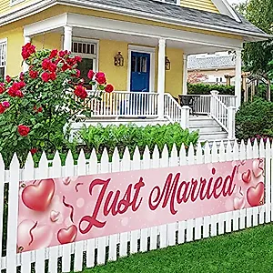Just Married Large Banner, Wedding, Bridal Shower Porch Sign Lawn Sign, Rustic Wedding Reception Decorations, Indoor Outdoor Backdrop 8.9 x 1.6 Feet