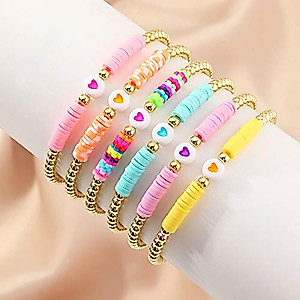 COLORFUL BLING 6Pcs/Pack Gold Beaded Bracelet Rainbow Vinyl Disc Ball Srting Stretch Heart Shaped Bracelets Cuff Bangle Set for Women Jewelry-6pcs