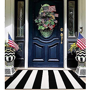 EARTHALL Black and White Striped Rug 27.5 x 43 Inches Cotton Hand-Woven Reversible Foldable Washable Black and White Outdoor Rug Stripe for Layered Door Mats Porch/Front Door Black Rug