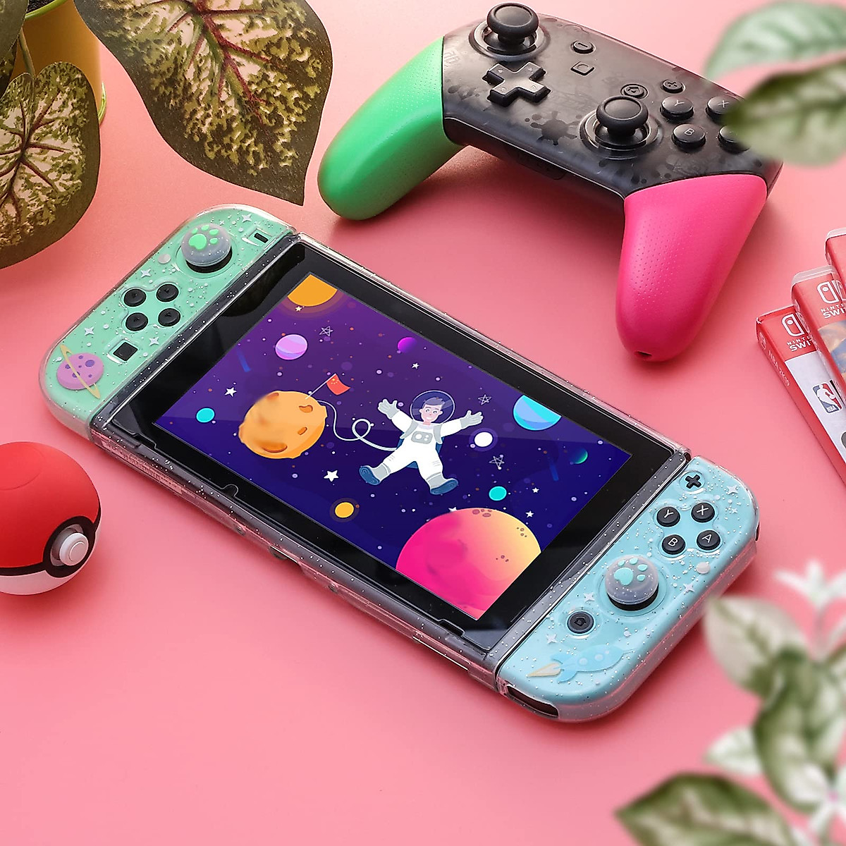 NANANINO Switch Clear Glitter Case, Switch TPU Case, Switch Protective Case with Animal Crossing Thumb Grips and Tempered Glass Screen Protector - Rocket Theme