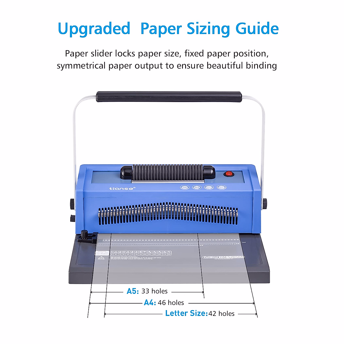 TIANSE Spiral Coil Binding Machine, Manual Book Maker Punch Binder with Electric Coil Inserter, Disengaging pins, Adjustable Side Margin, Comes with 100pcs 5/16'' Plastic Coil Binding Spines & Plier