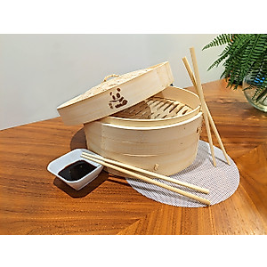 Bold Living 10 Inch Bamboo Steamer Basket, 2 Tier Natural Sustainable Food Cooker for Dumplings, Vegetables, Tamales, Seafood, Bao Buns with 2 Reusable Nonstick Liners, 2 Pair Chopsticks, 1 Sauce Dish