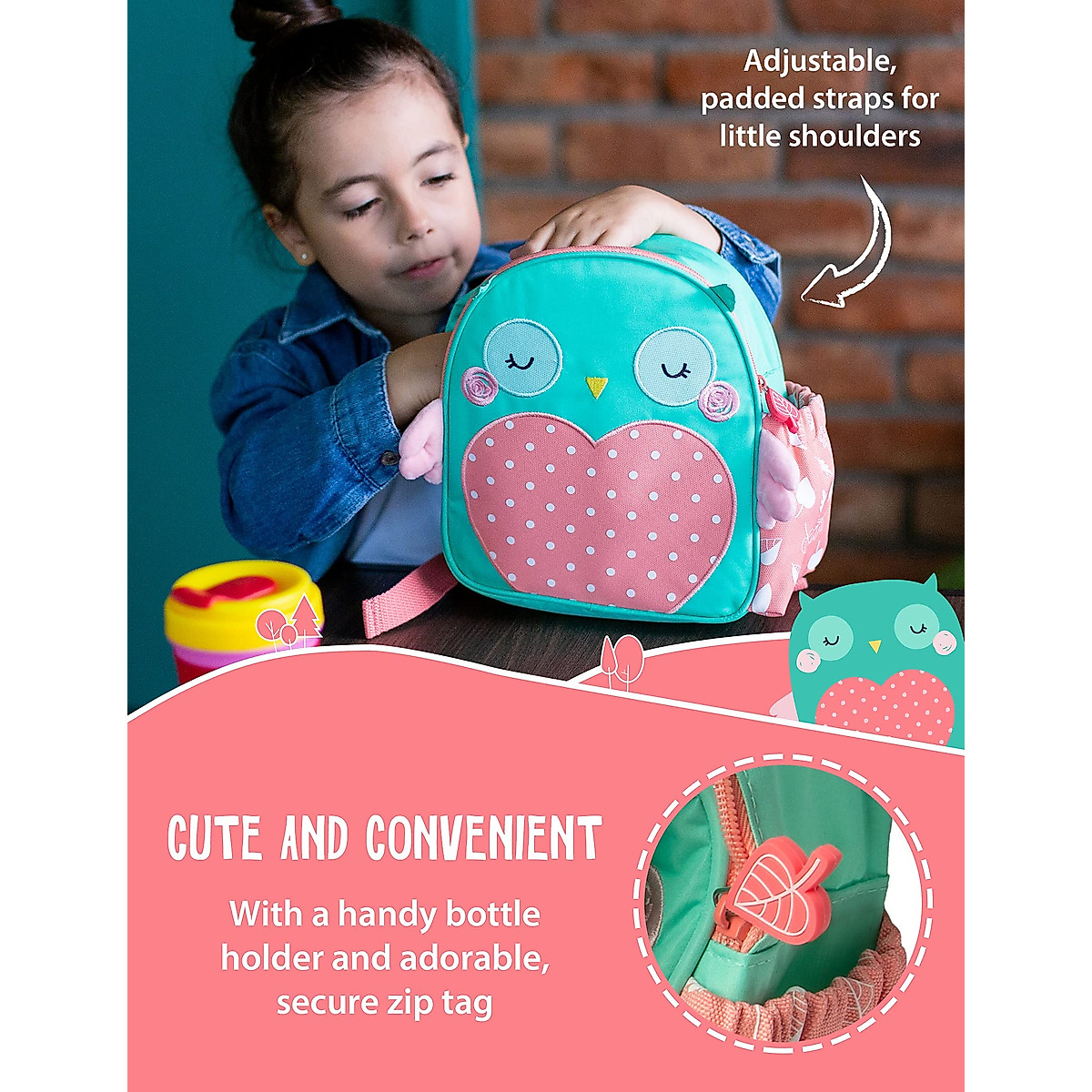 Planet Buddies Kids Lunch Box Bag, Insulated Lunch Bag Backpack for School, Cool Bag Lunch Boxes for Girls and Boys, Children's Backpacks with Water Bottle Holder and Name Tag, Olive the Owl