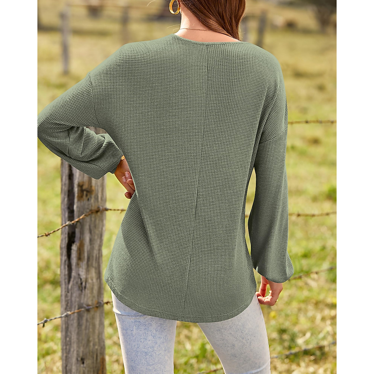 BTFBM Women Long Sleeve Shirts Fall Fashion 2025 V Neck Loose Casual Blouse Deco Button Lightweight Waffle Knit Pullover(Army Green, Small)