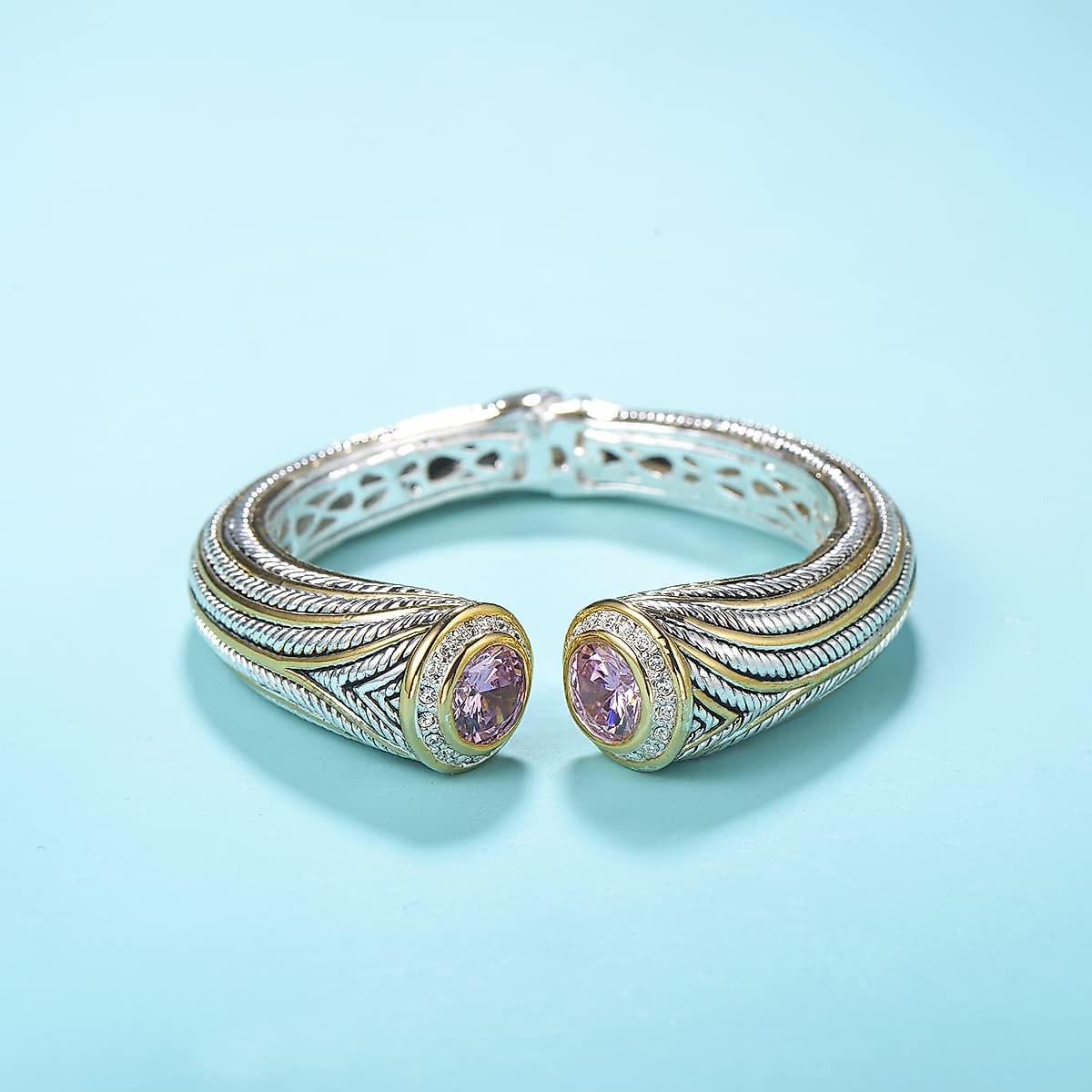 UNY JEWEL Jewelry Multi Strand Twisted Wire Cable Inlay 12mm CZ Vintage Antique Two Tone Elegant Designer Inspired Unique Spring Open Cuff Bangle (Black)