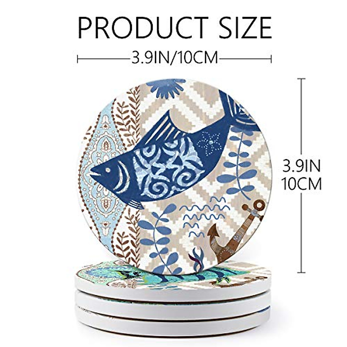 Coaster for Drinks by Teivio, Absorbing Stone Sea Ocean Life Paint- Cork Base, with Holder, Coastal Decor Beach Themed Tropical , for Housewarming Bar Decor, Set of 8