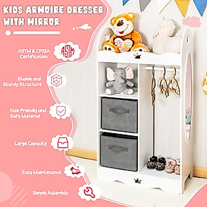 Costzon Kids Dress up Storage Wardrobe, Toddler Armoire Dresser Wardrobe W/Mirror & Cloth Hanger, Cute Crown Patterns, Pretend Costume Closet Toy Organizer, Perfect for Kids Bedroom, Playroom (White)
