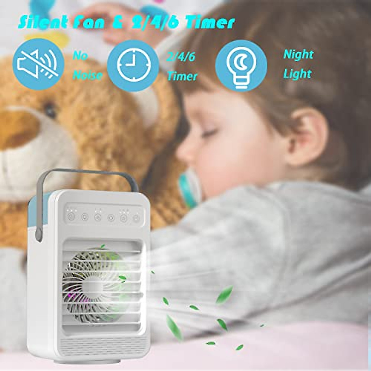 Portable Air Conditioner, 120°Oscillating Evaporative Personal Air Cooler with 4 Speeds Rainbow LED Light,2 Spray Humidify,2/4/6H Timer,600ml Tank,Low Noise, Desktop Office, Home, Bedroom, Dormitory