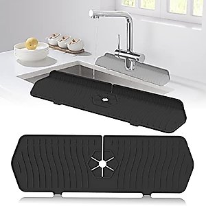 17.7" Faucet Handle Drip Catcher Tray,Silicone Self Draining Faucet Splash Guard,Reuseable Kitchen Sink Mat Fit Most Faucet,Bathroom Sink Absorbent Countertop Drying Faucet Pad