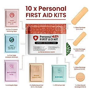 Personal First Aid Kit- 10 Pack | Clean, Treat, Protect Minor Cuts, Scrapes and Burns | Perfect for Home, Office, Car, School, Business, Camping | Individually Wrapped First Aid Products (Orange)