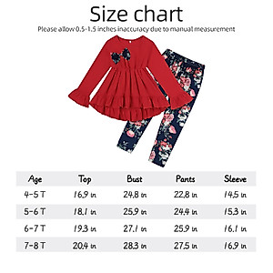 Yoxindax Toddler Kid Girl Clothes Bell sleeves Ruffle High Low Bowknot Solid Top Floral Print Leggings Fall Winter Outfit Set(5-6t)