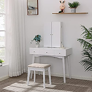 BEWISHOME Vanity Desk with Lighted Mirror, Makeup Vanity with Lights, White Vanity Set with 3 Color Lighting Modes Adjustable Brightness, Makeup Cabinet 3 Drawers Dressing Table for Women FST12W