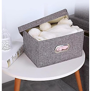 Grey Collapsible Storage Box with Lid, Cotton Linen Washable Dorm Office Bedroom Organizer