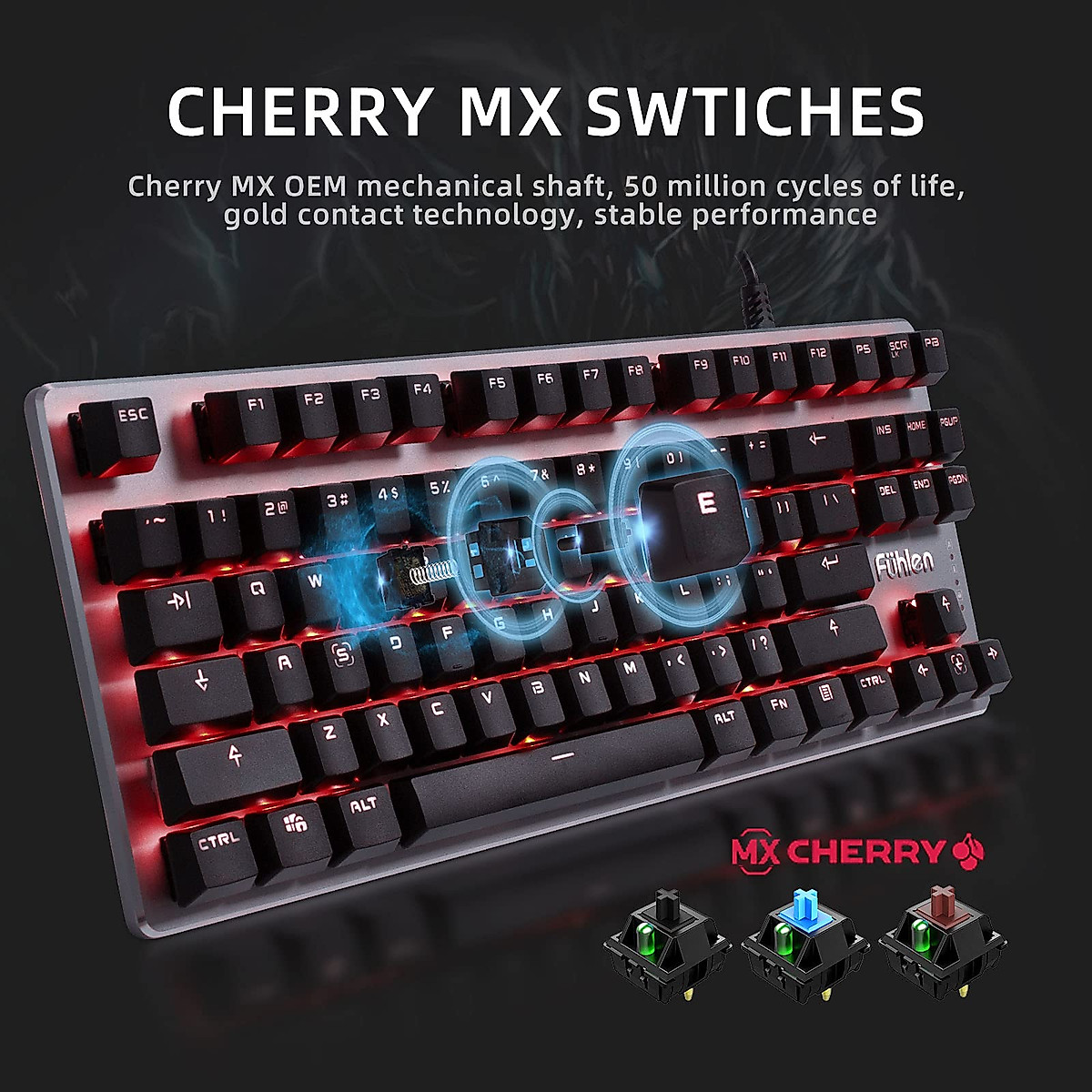 Fuhlen G87 Mechanical Keyboard 87 Keys - Linear & Clicky Cherry MX Black Switches - Red Backlight - 100% Anti-Ghosting for PC Laptop (Black), Grey