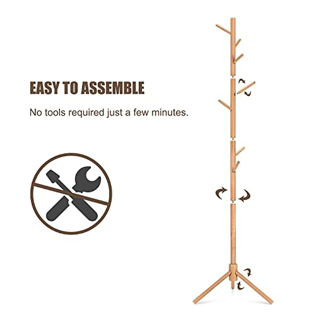 EuroBird Sturdy Wooden Coat Rack Freestanding - Adjustable Coat Rack Stand with 4 Sections & 8 Hooks, Easy Assembly Coat Tree for Coats, Hats, Purse, Entryway, Hallway, Bedroom, Office, etc