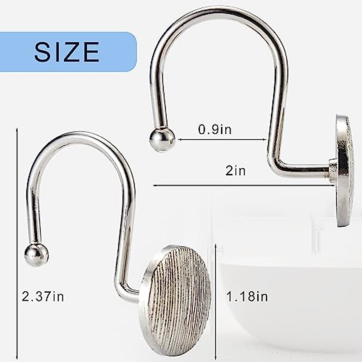 Brushed Nickel Shower Curtain Hooks, OEH Shower Curtain Rings, Modern Creative Metal Shower Curtain Hooks Rust Proof, Balanced Gliding Shower Hooks for Shower Curtain, 12 Pack, Circular Stripes