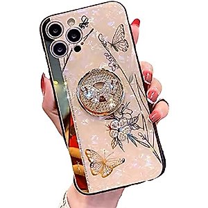 Aulzaju for iPhone 12 Pro Max Phone Case Cute Glitter Girly Women Flower Design,Luxury Plating Pearly Lustre Pattern,Sparkle Bling Diamond Butterfly Kickstand,Plating Hard Back Rugged Bumper Cover