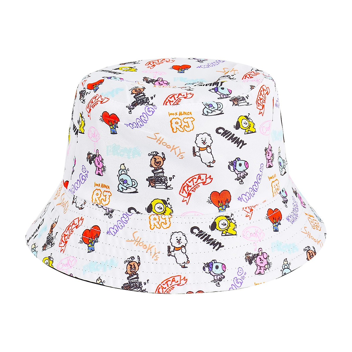 BT21 LINE Friends Bucket Hat, Graffiti Style Reversible Packable Travel Hat, Wide Brim Summer Hat, Multi, One Size