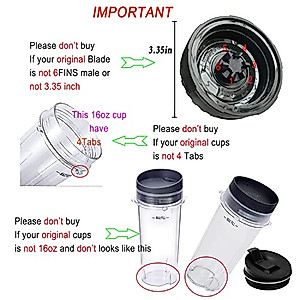 Replacement Parts for Nutri Ninja, 6Fin Blender Male Blade and cups Set for Blender BL660 BL770 BL780 BL740 etc. (6-pack)