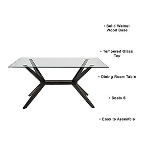 Uptown Club Dining Table with Tempered Glass Top, Elegant Statement Piece for Contemporary Home, 63" x 36", Dark-Walnut