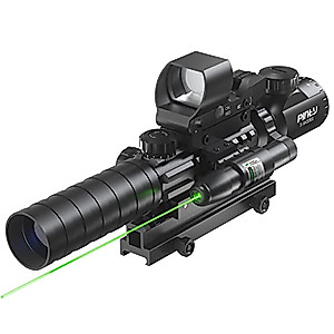 Pinty 4-in-1 Rifle Scope Combo, 3-9x32 Rangefinder Scope, Red & Green Dot Sight, Green Laser, 14 Slots Riser