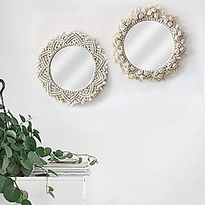 Hanging Wall Mirror with Macrame Fringe, Round Antique Mirror Frame Art, Bohemian Handmade Decor for Apartment Living Room Bedroom Baby Nursery Dorm Entryways Gift F