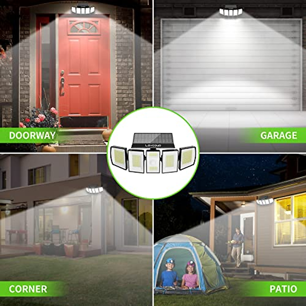 Lovcoyo Solar Outdoor Lights, Motion Sensor Security Lights IP65 Waterproof with Remote Control Wireless，5 Heads 300 LED Outdoor Flood Lights 360° Illumination with 3 Modes for Garage Yard Garden