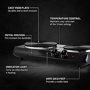 Ovente Electric Countertop Double Burner, 1700W Cooktop with 7.25 and 6.10 Inch Cast Iron Hot Plates and Temperature Control, Portable Cooking Stove, Easy to Clean Stainless Steel Base, Black BGS102B